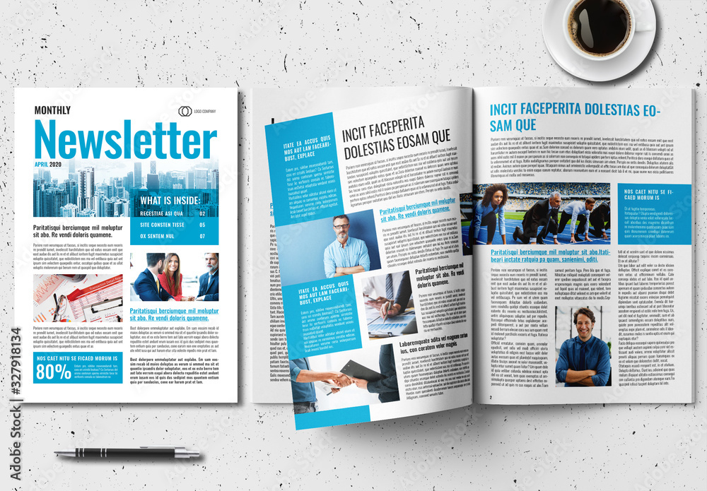 Business Newsletter Layout with Blue Accents Stock Template | Adobe Stock
