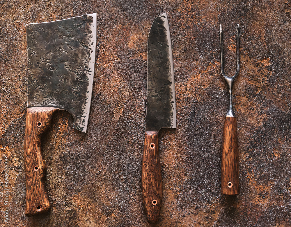 Poster Stylish Butcher's Set: cleaver, knife and fork. Top view – Wall ...