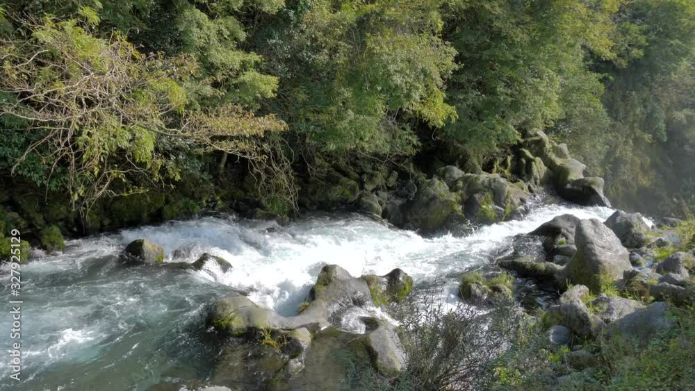View on top of the waterfalls in Shiraito falls near mount Fuji in ...