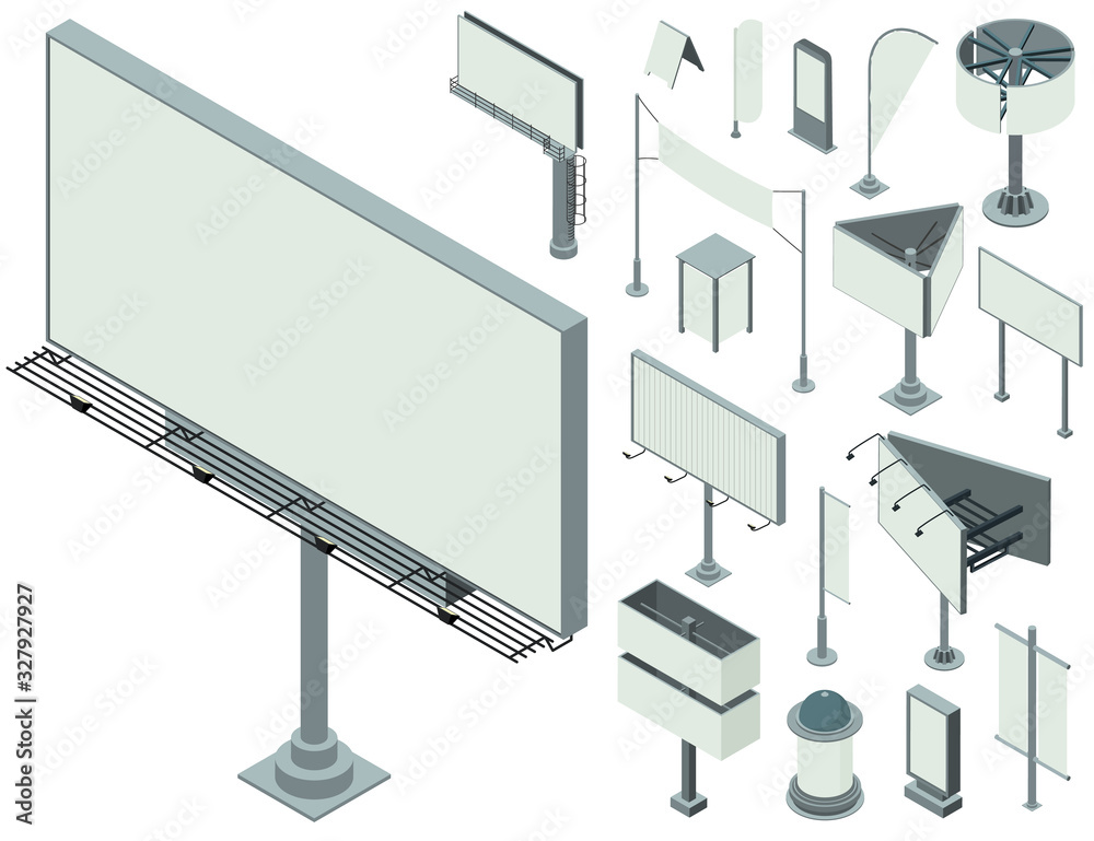 Outdoor advertising icons set. Isometric set of outdoor advertising ...