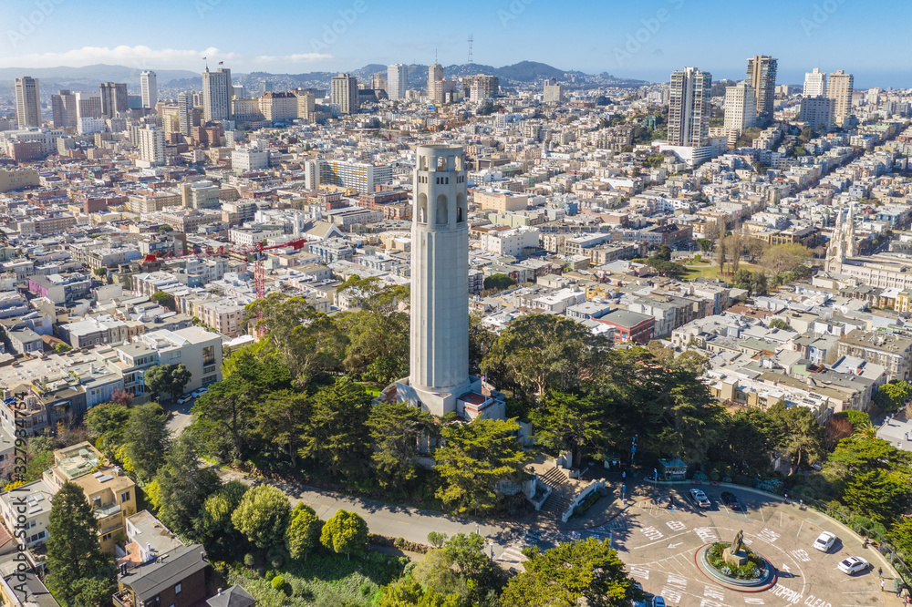 Aerial daytime view of Coit Tower, San Francisco, California, USA ...