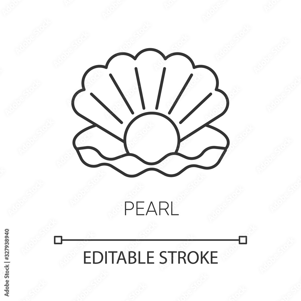 Pearl pixel perfect linear icon. Open seashell. Brightening effect ...