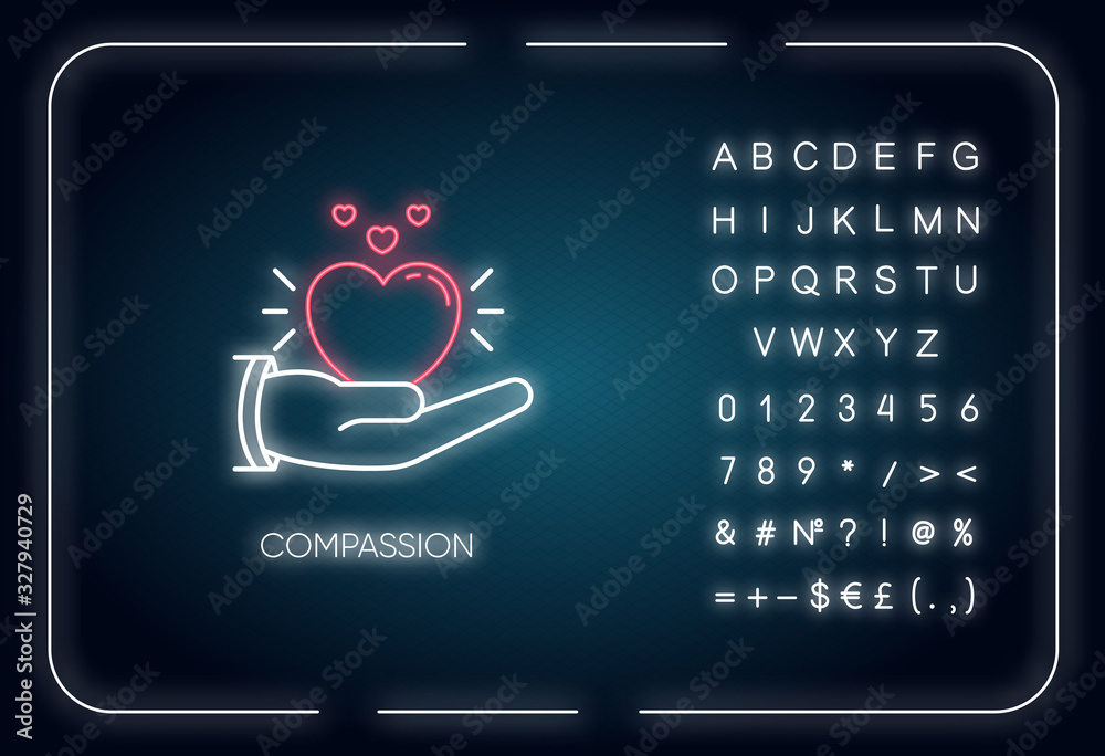 Compassion neon light icon. Outer glowing effect. Sign with alphabet ...