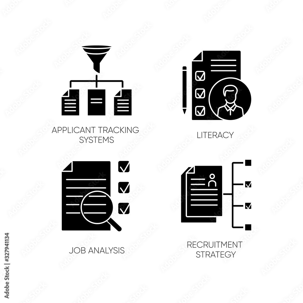 Professional employment black glyph icons set on white space. Applicant ...
