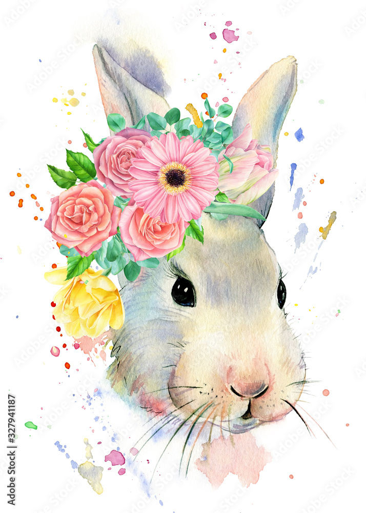 Cute bunny with a wreath of flowers, isolated white background, hand ...