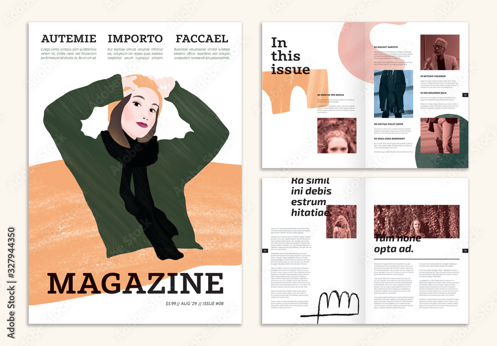 Magazine Layout with Character Illustration Stock Template | Adobe Stock