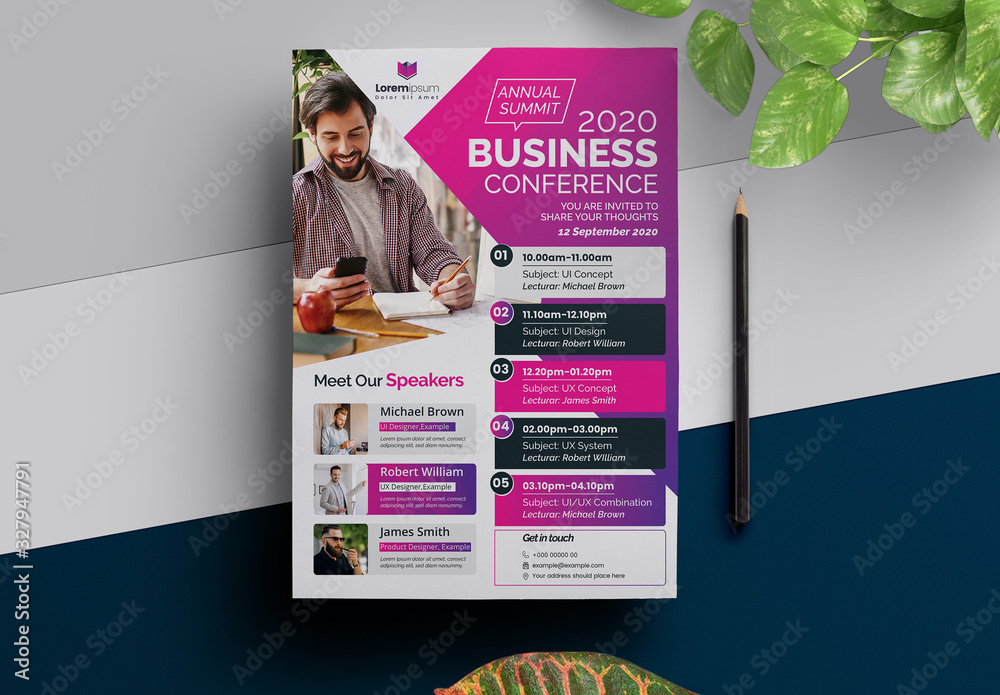 Annual Conference Flyer Layout with Purple Accents Stock Template ...