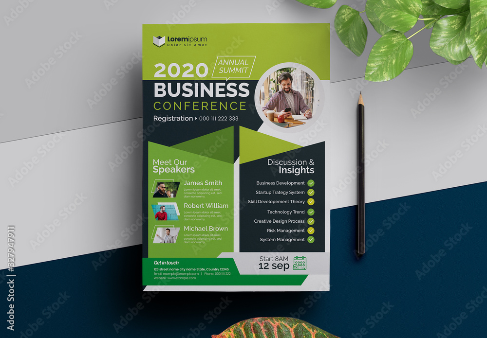 Creative Conference Event Flyer Layout with Green Accents Stock ...