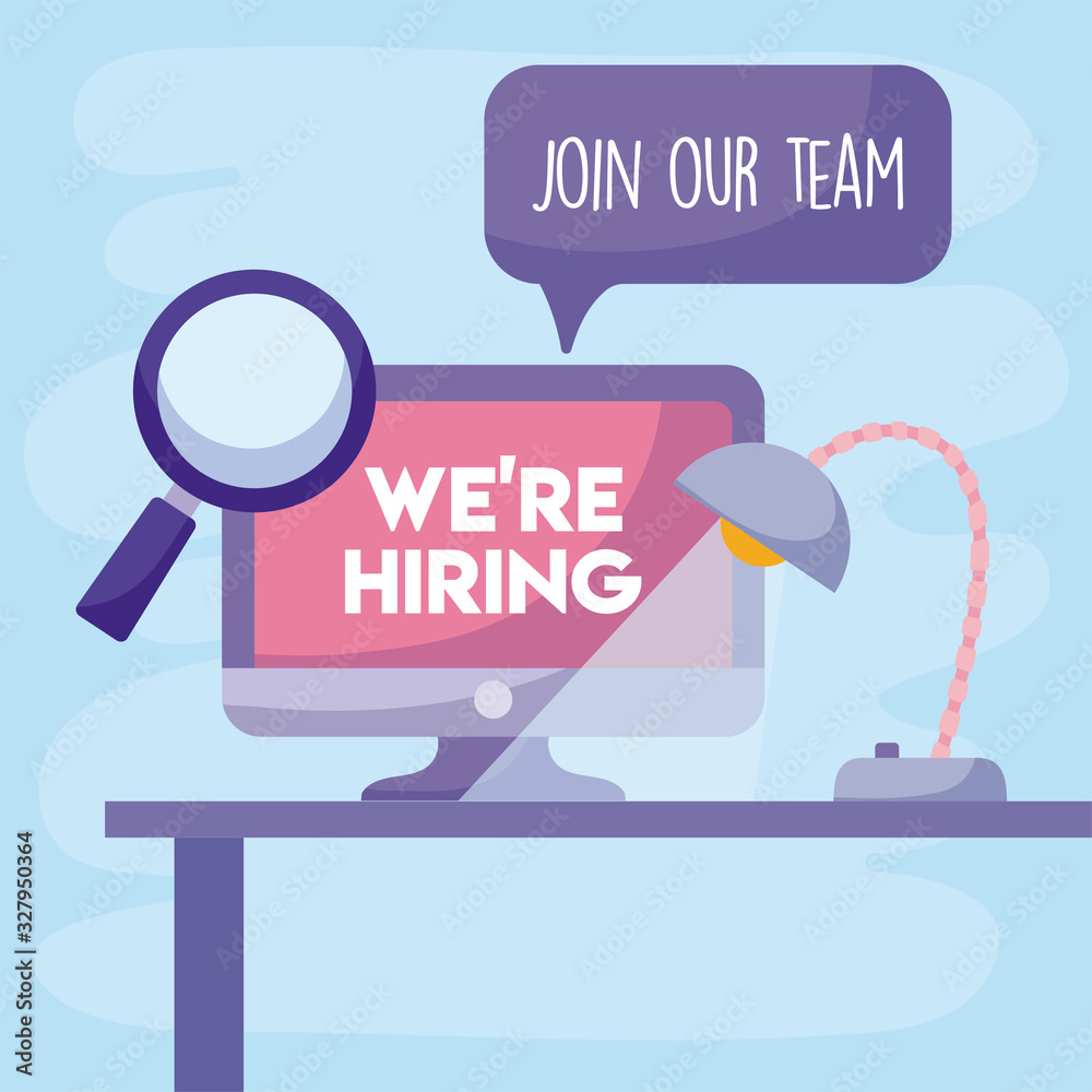 We are hiring message with computer lupe and desk lamp vector design ...