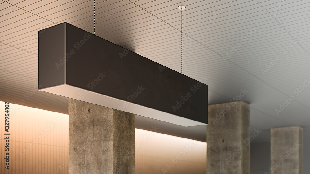 Empty black signage mockup hanging from ceiling. Blank ceiling ...
