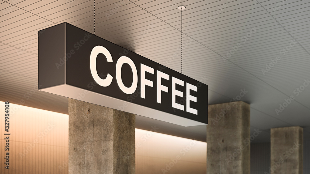 Coffee board hanging from ceiling. Coffee sign outside cafe or ...
