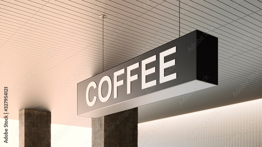 Coffee board hanging from ceiling. Coffee sign outside cafe or ...