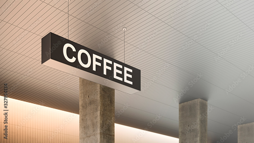Coffee board hanging from ceiling. Coffee sign outside cafe or ...