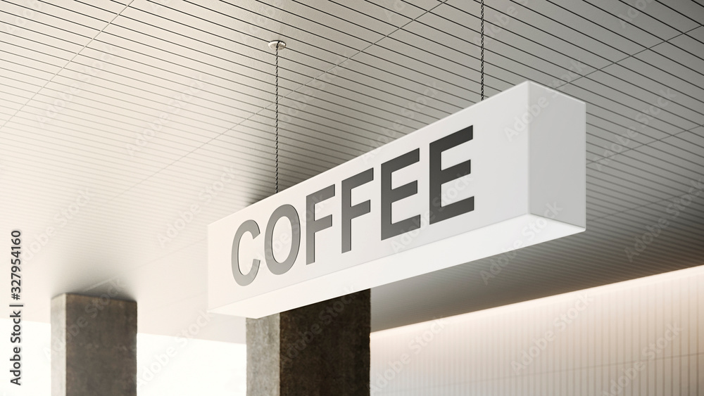 Coffee board hanging from ceiling. Coffee sign outside cafe or ...