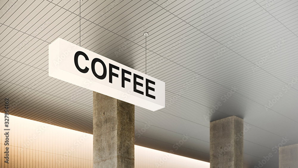 Coffee board hanging from ceiling. Coffee sign outside cafe or ...