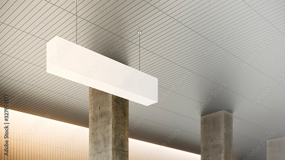 Empty white signage mockup hanging from ceiling. Blank ceiling ...