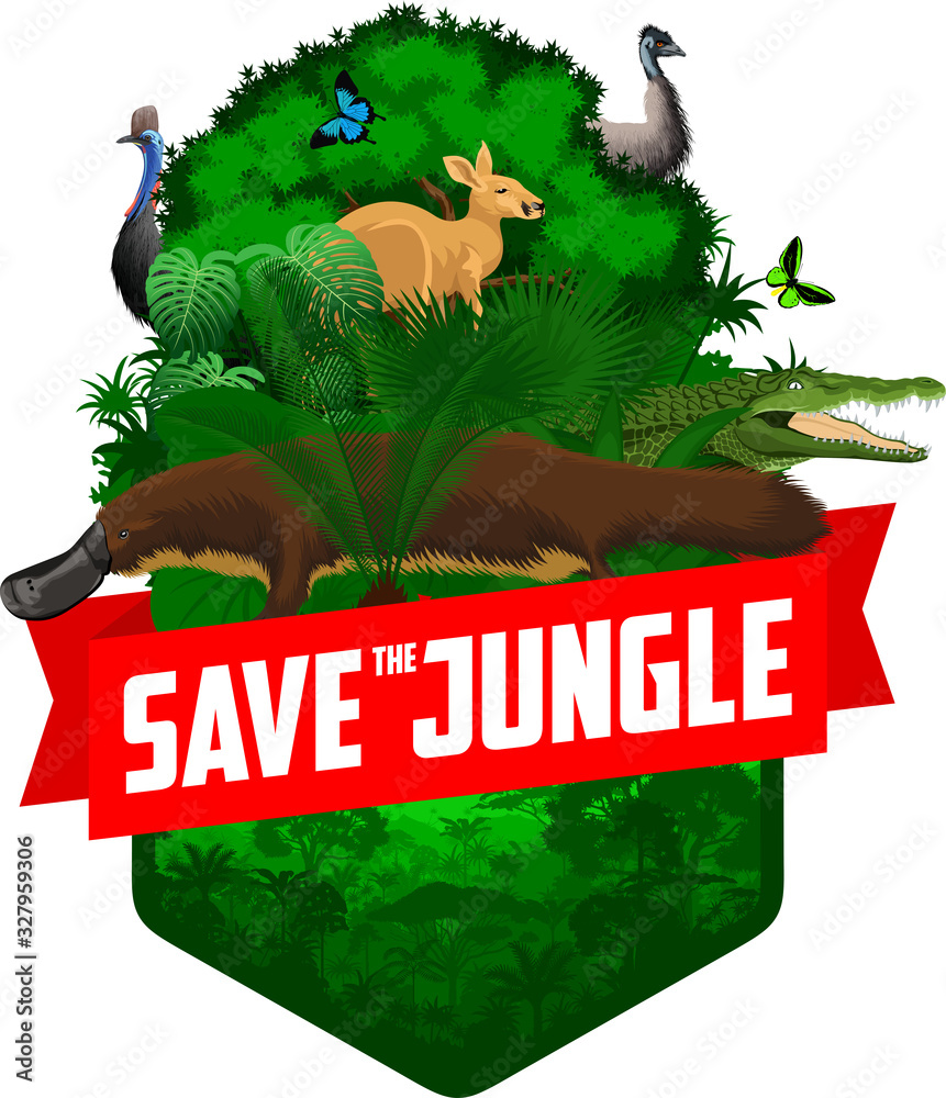 vector jungle rainforest emblem with platypus, ostrich Emu, cassowary ...