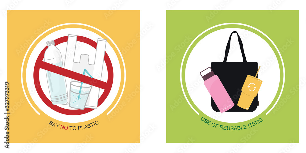 Say no to plastic using reusable items. Concept of reducing plastic ...