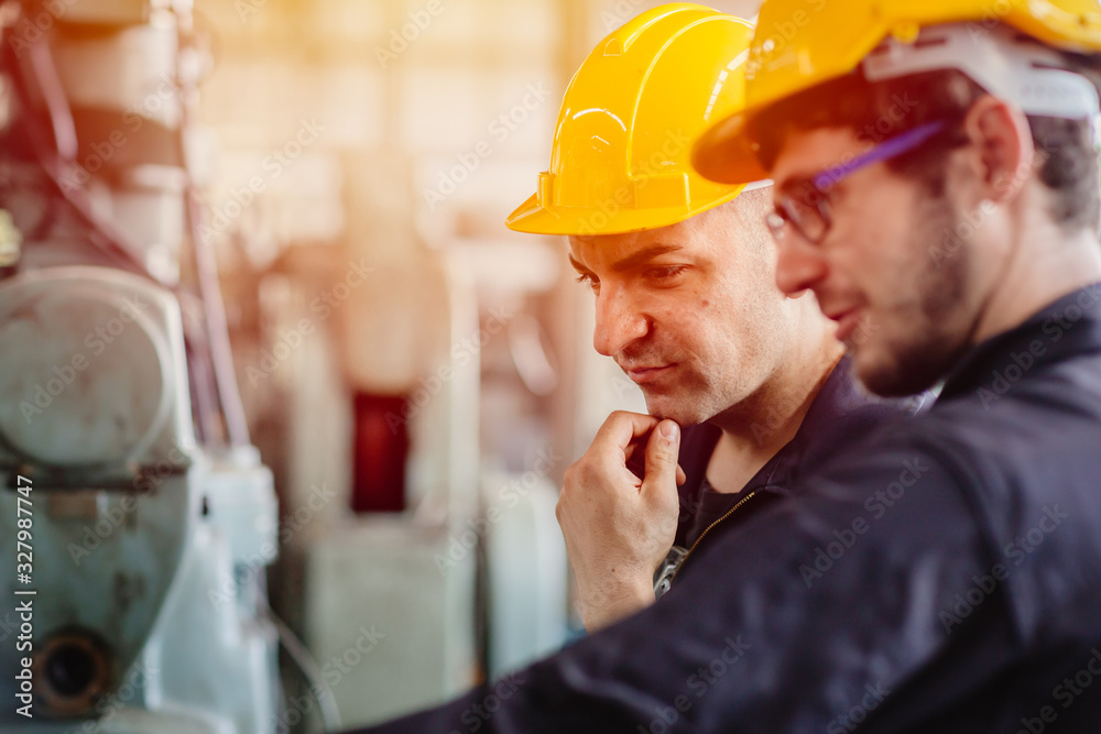 worker thinking, service team working with machine together teamwork in ...