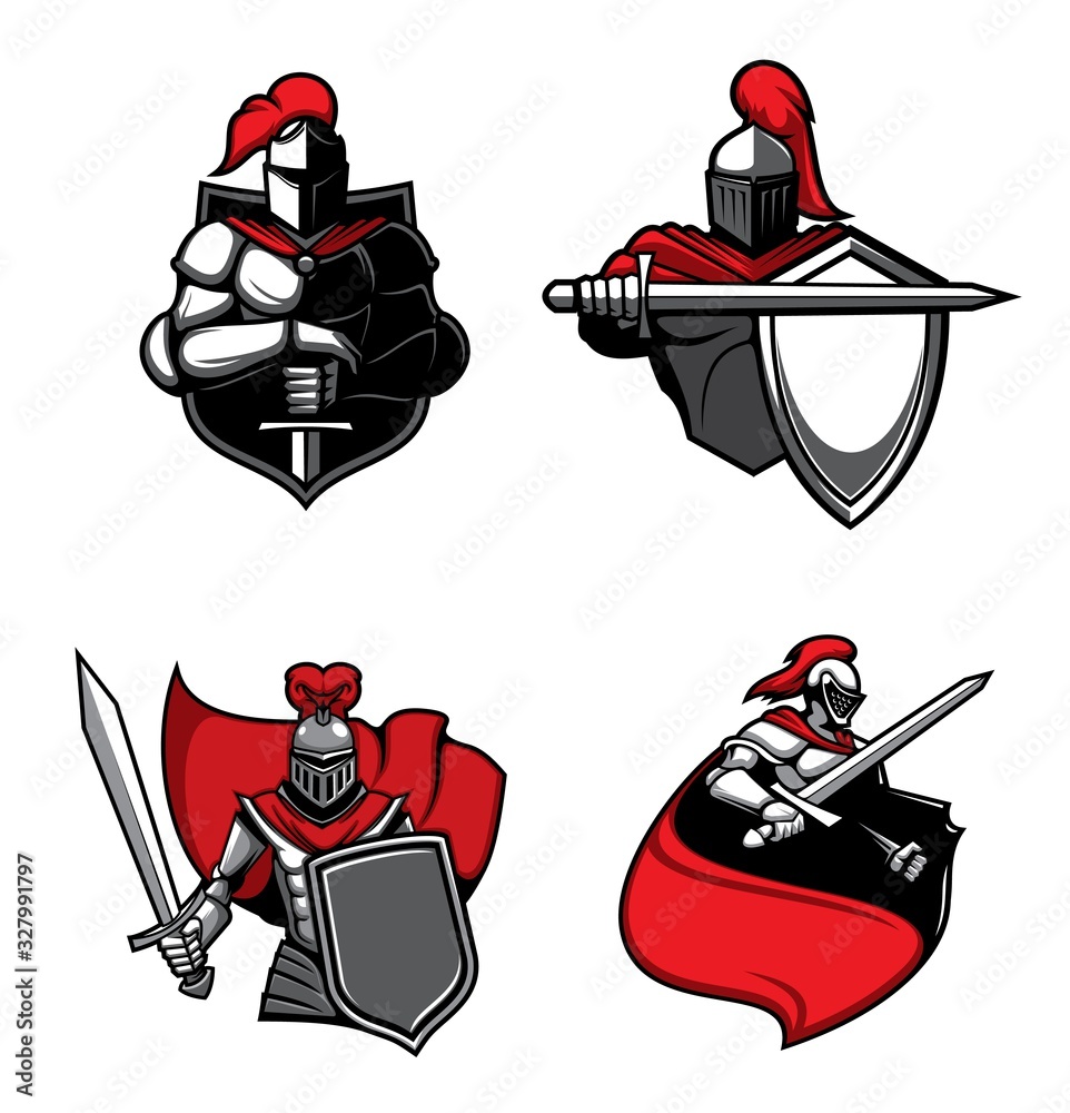 Knight warrior with sword, helmet and shield, red cape and medieval ...