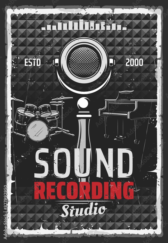 Sound recording studio vintage retro poster, professional DJ sound ...