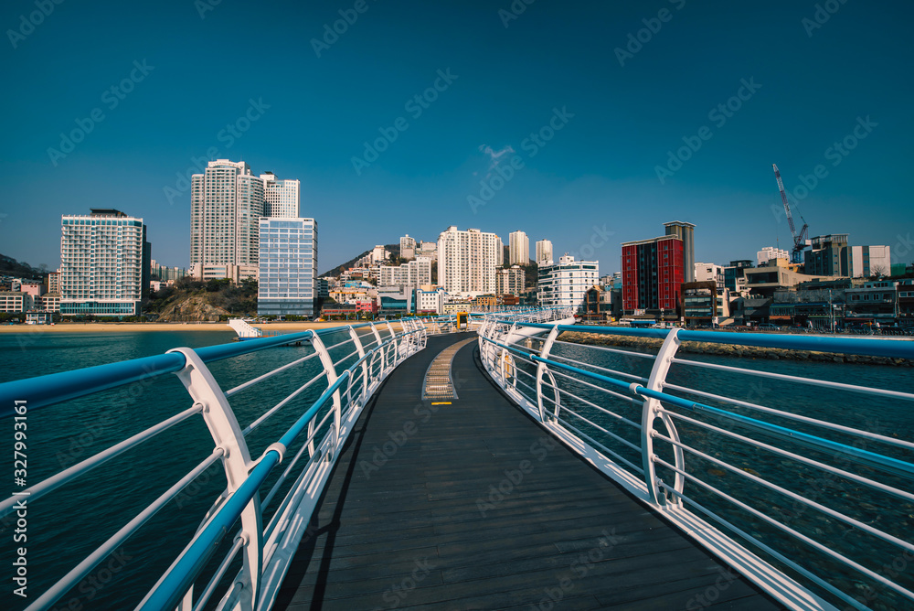 Busan city with Haeundae beach in Busan, South Gyeongsang Province ...