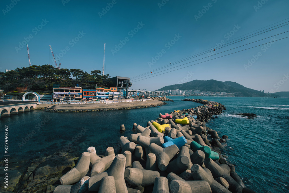Busan city with Haeundae beach in Busan, South Gyeongsang Province ...