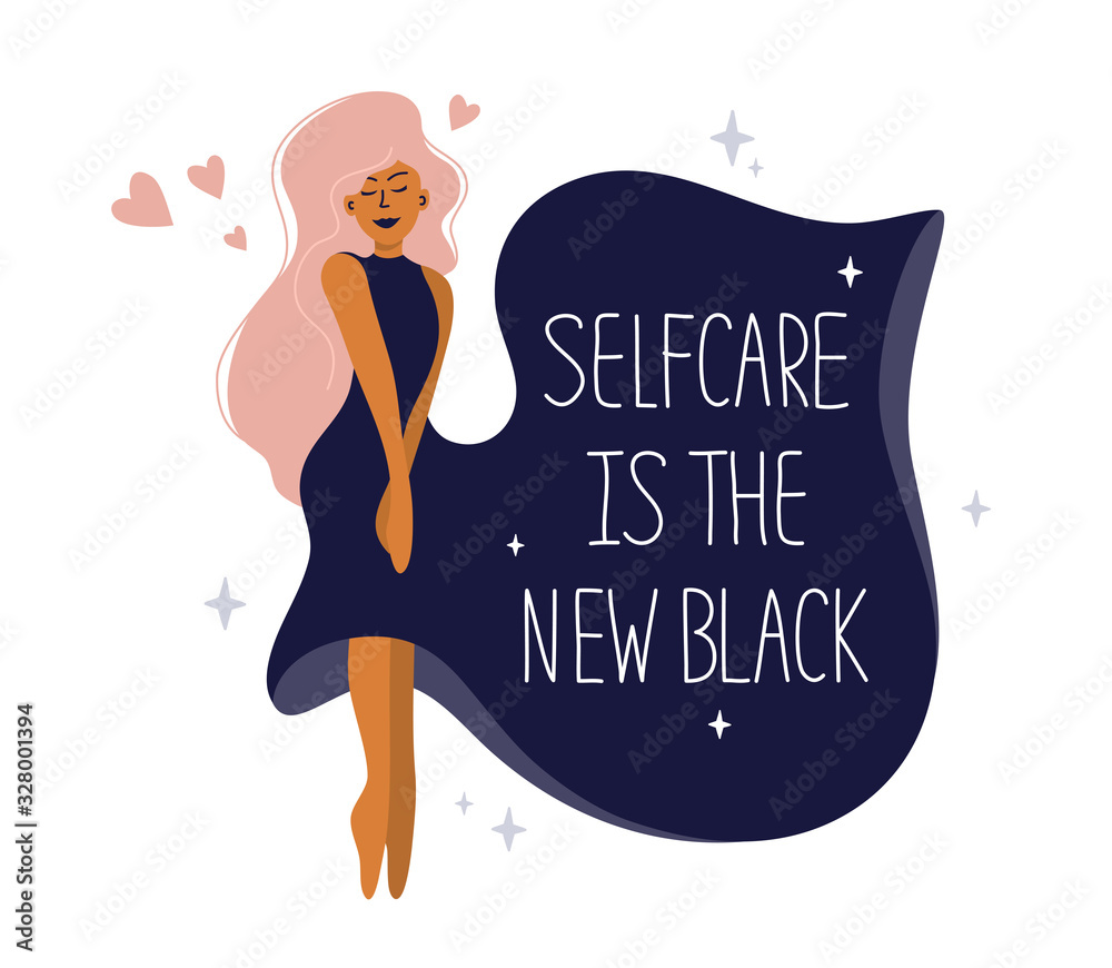 Cute girl in dark dress hugs herself with love. Illustration with quote ...