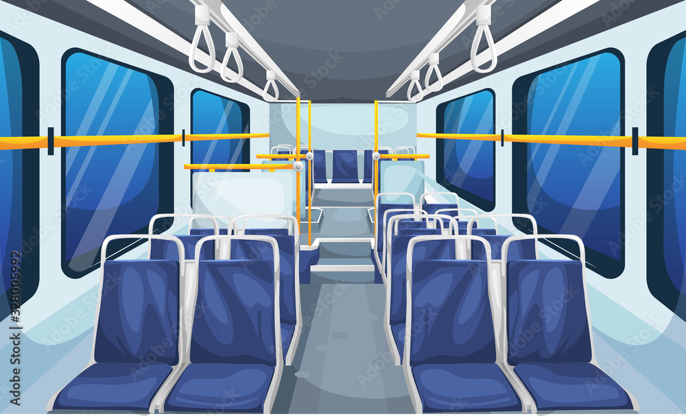 Bus Interior Landscape with old Chairs Row, Scholl Bag, Suitcase and ...