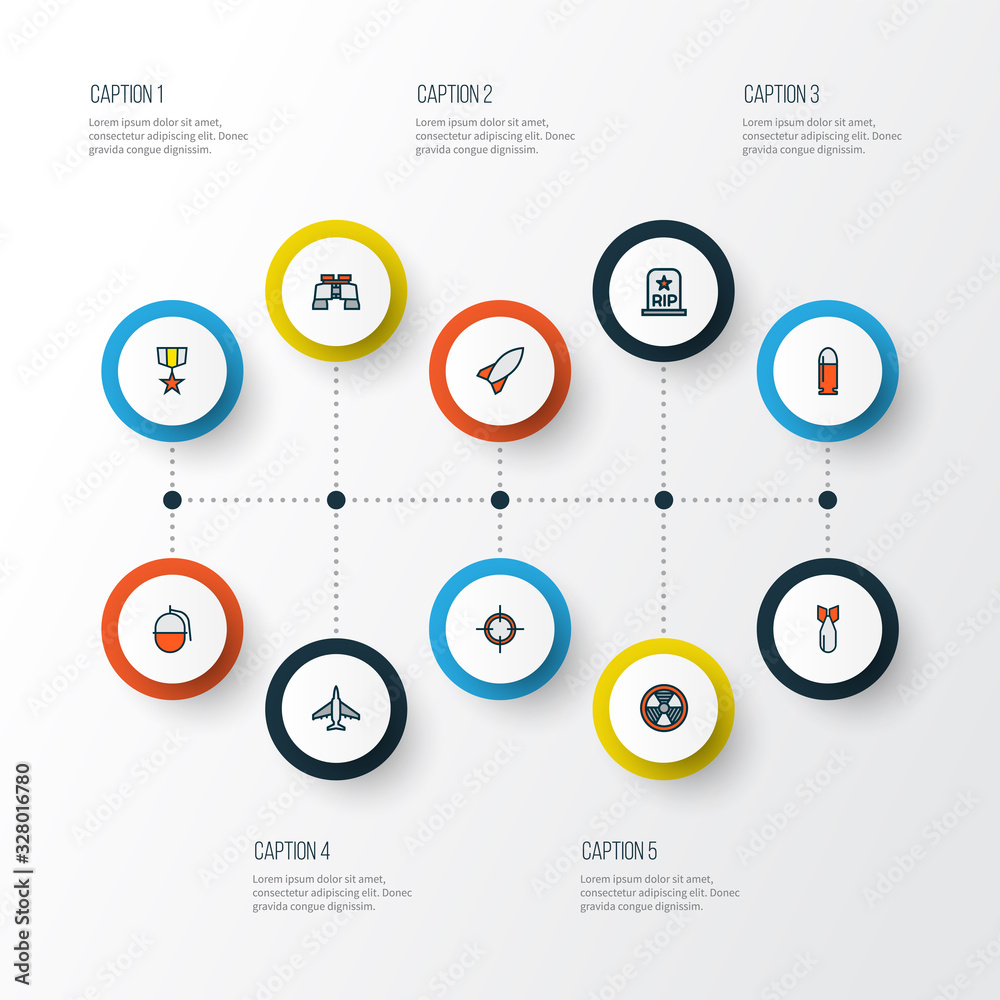 Combat icons colored line set with fighter, bomb, soldier grave and ...