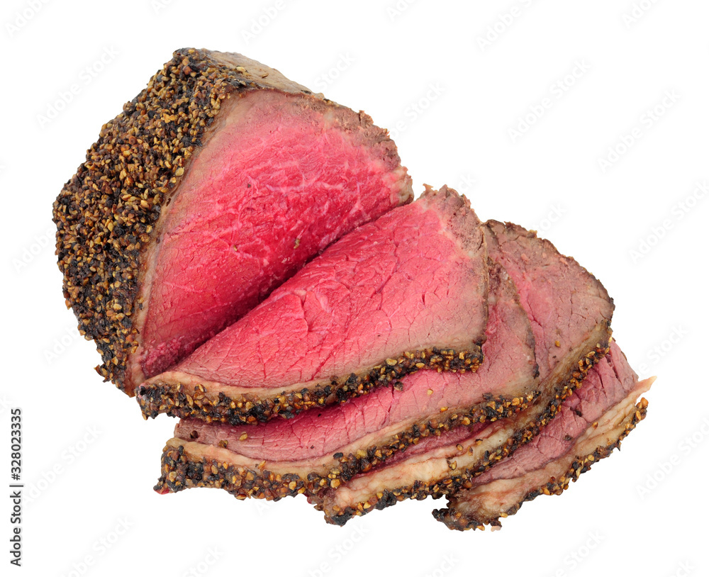 Fotka „Rare cooked roasted pepper and salt covered beef rump joint also ...