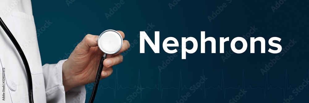 Nephrons. Doctor in smock holds stethoscope. The word Nephrons is next ...