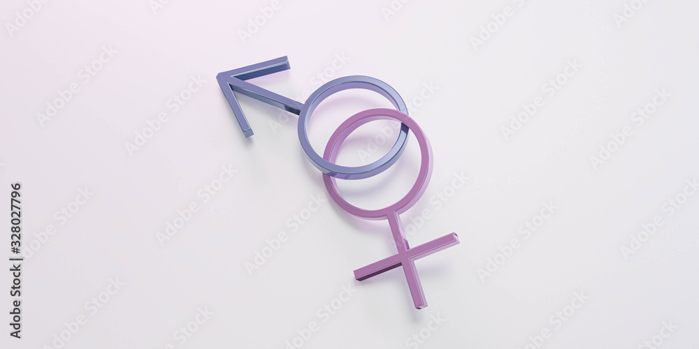 metallic blue male and pink female gender symbol on white background 3d ...