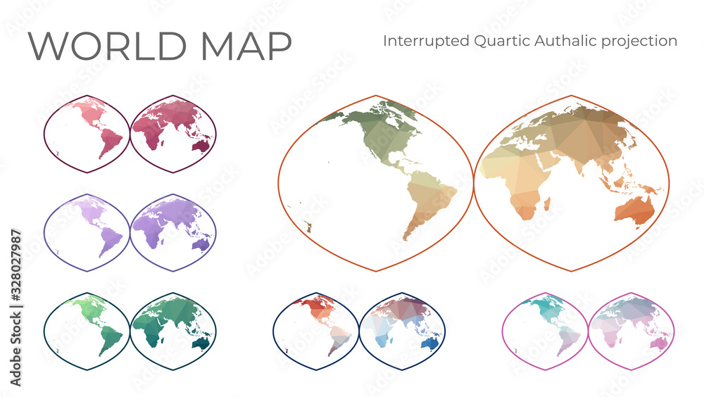 Low Poly World Map Set. Quartic authalic projection interrupted into ...