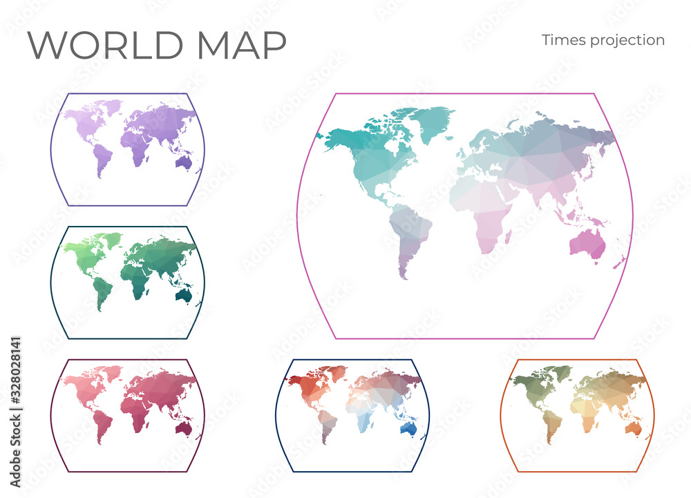 Low Poly World Map Set. John Muir's Times projection. Collection of the ...