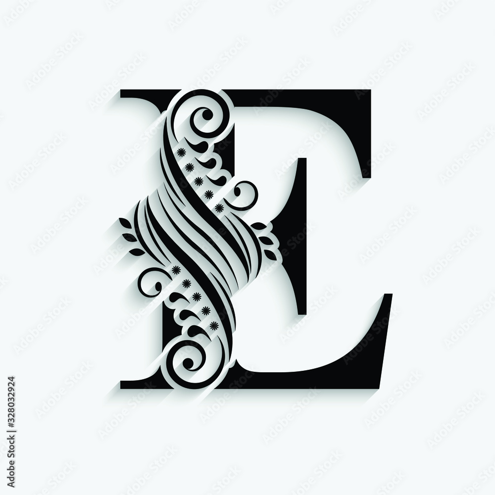 letter E . Black flower alphabet. Beautiful capital letter with shadow ...