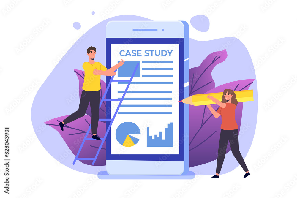 Case study concept with tiny character. Flat style vector illustration ...