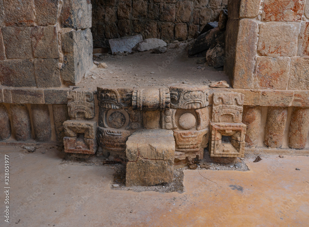 Traditional Mayan symbols. Fragment of palace of the Masks (Codz Poop ...
