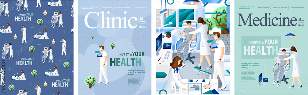 Medicine, Doctor and Hospital! Set of posters with doctor diagnoses the ...