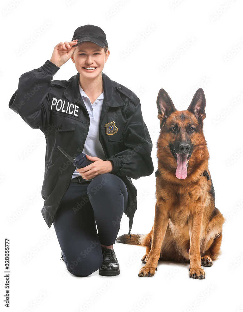 Female police officer with dog on white background Stock Photo | Adobe ...