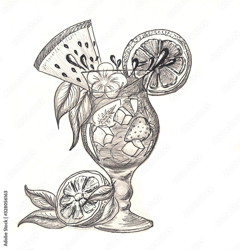 fruit cocktail pencil drawing isolated on white background Stock ...