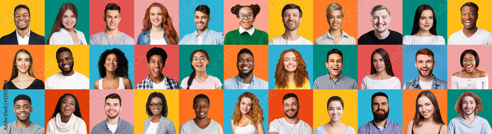 Collage Of Diverse People Portraits On Colorful Backgrounds, Panorama ...