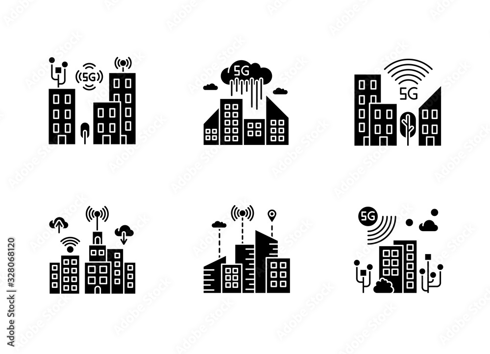 5G smart city black glyph icons set on white space. Urban intelligence ...