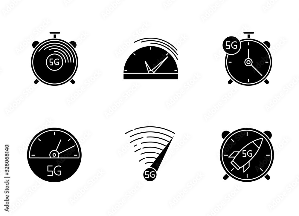 5G fast speed connection black glyph icons set on white space. Stop ...