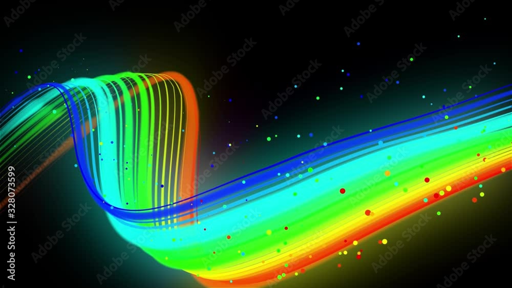 rainbow color neon lines fly in the air, smoothly oscillation and wave ...