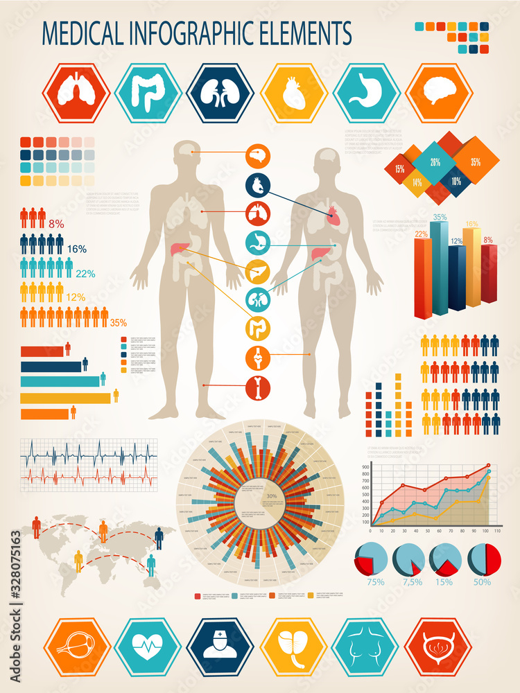 Medical Infographic set with charts and other elements. Human body with ...