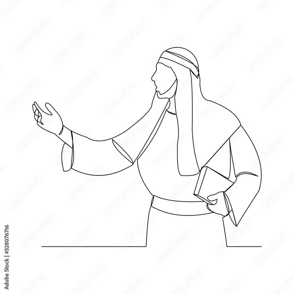 Continuous line drawing of arabic man holding holy quran book. Ramadan ...