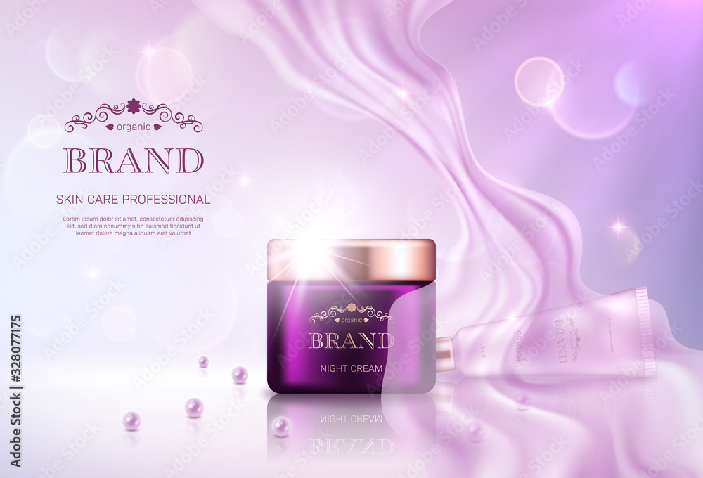 Realistic cream jar and serum tube with golden lids on pink bokeh ...