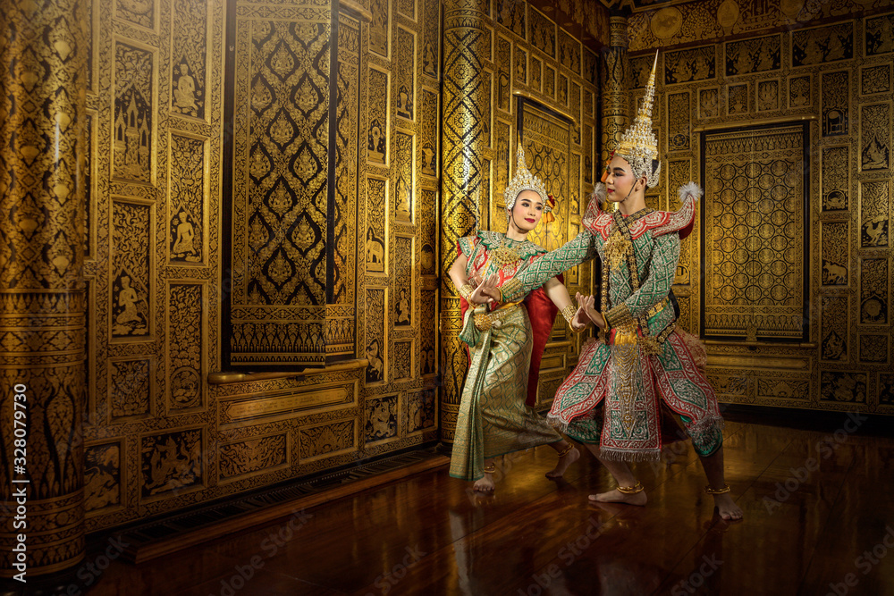 Art culture Thailand Dancing in masked khon Benjakaj and Hanuman in literature amayana,thailand ...