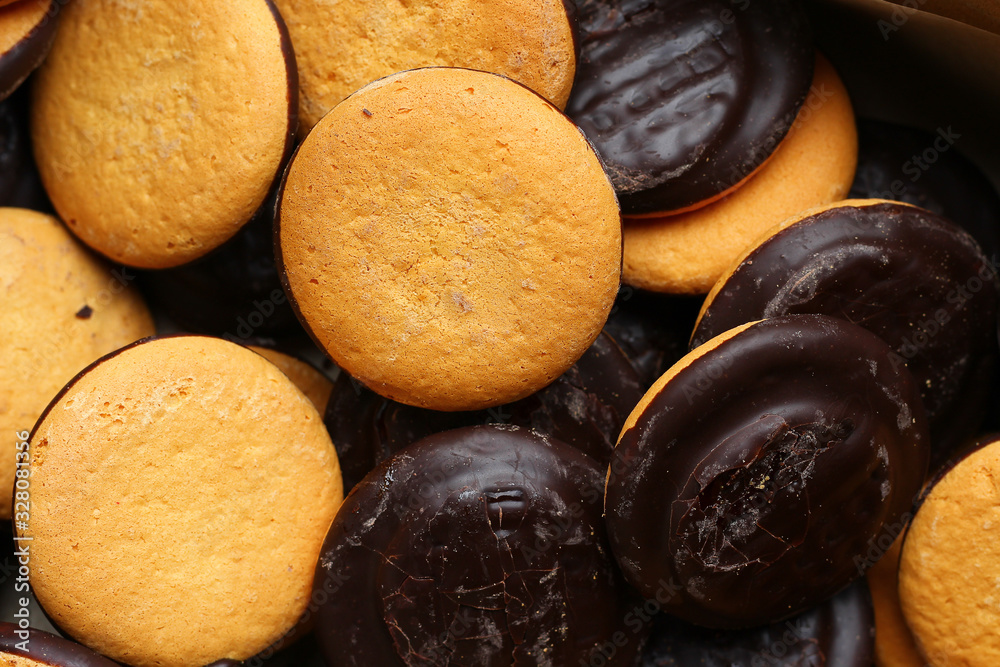 Chocolate glazed factory cookies close-up, background Stock Photo ...